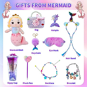 BEIMENWAI Mermaid Toys & Gift Set for Girls Ages 4-10+ - Includes Mermaid Stuffed Doll, Water Bottle, Bag, Jewelry Set, & Plush Toys