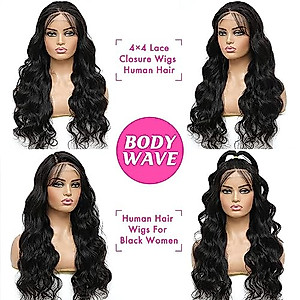STHBESTI Body Wave Lace Front Wigs Human Hair Pre Plucked 180% Density Glueless 4×4 Lace Closure Wigs for Black Women Brazilian Virgin Human Hair with Baby Hair Natural Color(18 Inch)
