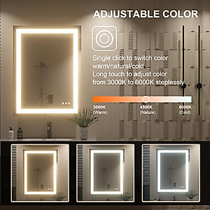 Modlicht 36" x24” LED Bathroom Mirror, Dimmable LED Mirror for Bathroom, Adjustable Warm/Natural/Cold Light, Memory Function, IP54, Lighted Bathroom Mirror with Smart Touch Button, Home Decor