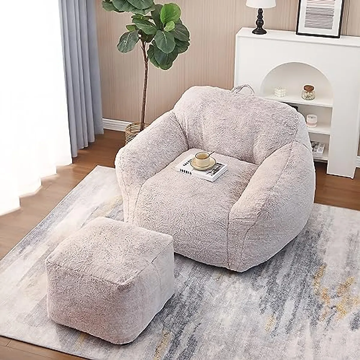 LITA Bean Bag Chair with Ottoman, Fur Faux Armrests Accent Chair High-Density Foam Filled Giant Lazy BeanBag Sofa with Pocket & Foot Stool for Living Room, Bedroom, Coffee