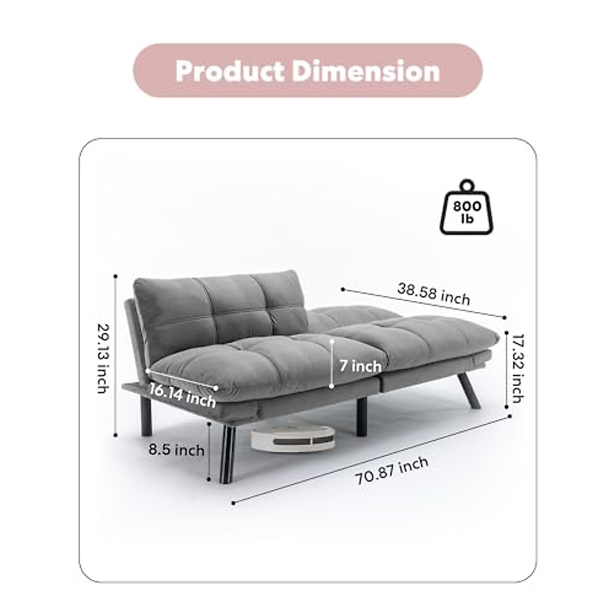 Miscoos Velvet Convertible Bed, 71" Comfy Loveseat Sleeper Sofa with Adjustable Backrest Armrest, Strengthen Wood, Thick Cushion, Small 2 Seater Futon Couch for Living Room, Bedroom, Light Grey