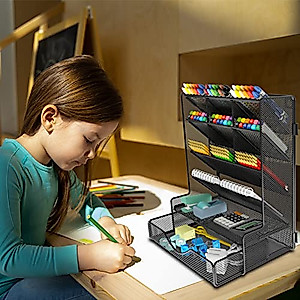 BOHDK Pen Organizer for Desk, Multi-Functional Desk Organizer, Wall Mount Pen Holder with Drawer for School, Office, Home, Art Supplies, Black