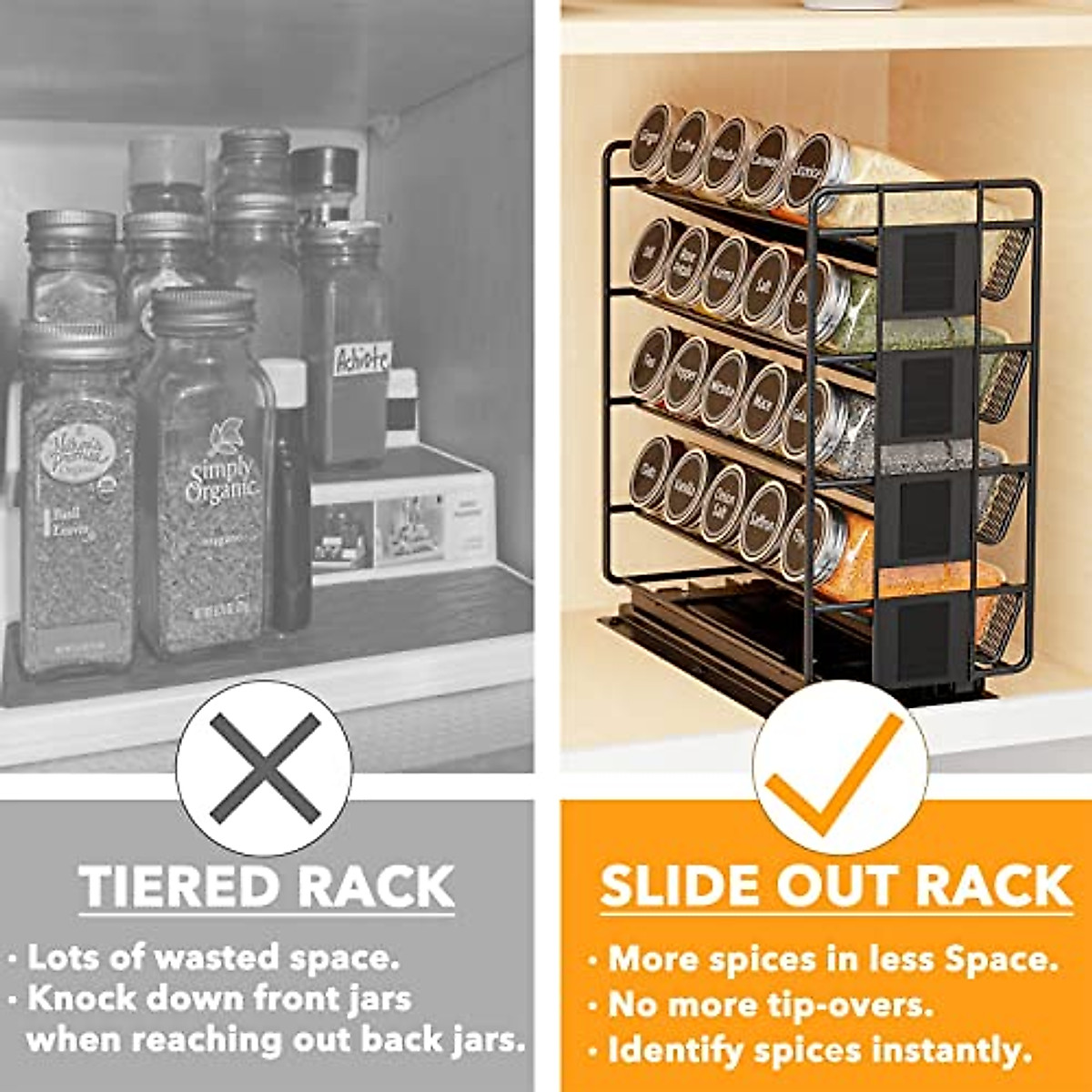 SpaceAid Pull Out Spice Rack Organizer with 20 Jars, Heavy Duty Slide Out Seasoning Organizer for Kitchen Cabinets, with 801 Labels and Chalk Marker, Left Facing