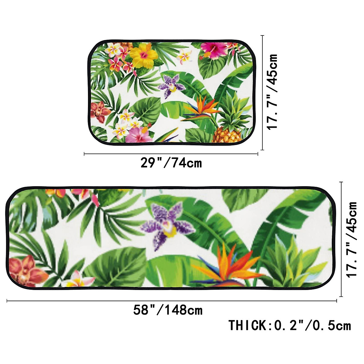 Vantaso Kitchen Floor Mat Rug Tropical Pineapples Palm Flowers Set of 2 Cushioned Non-Slip Comfort Runner Rugs
