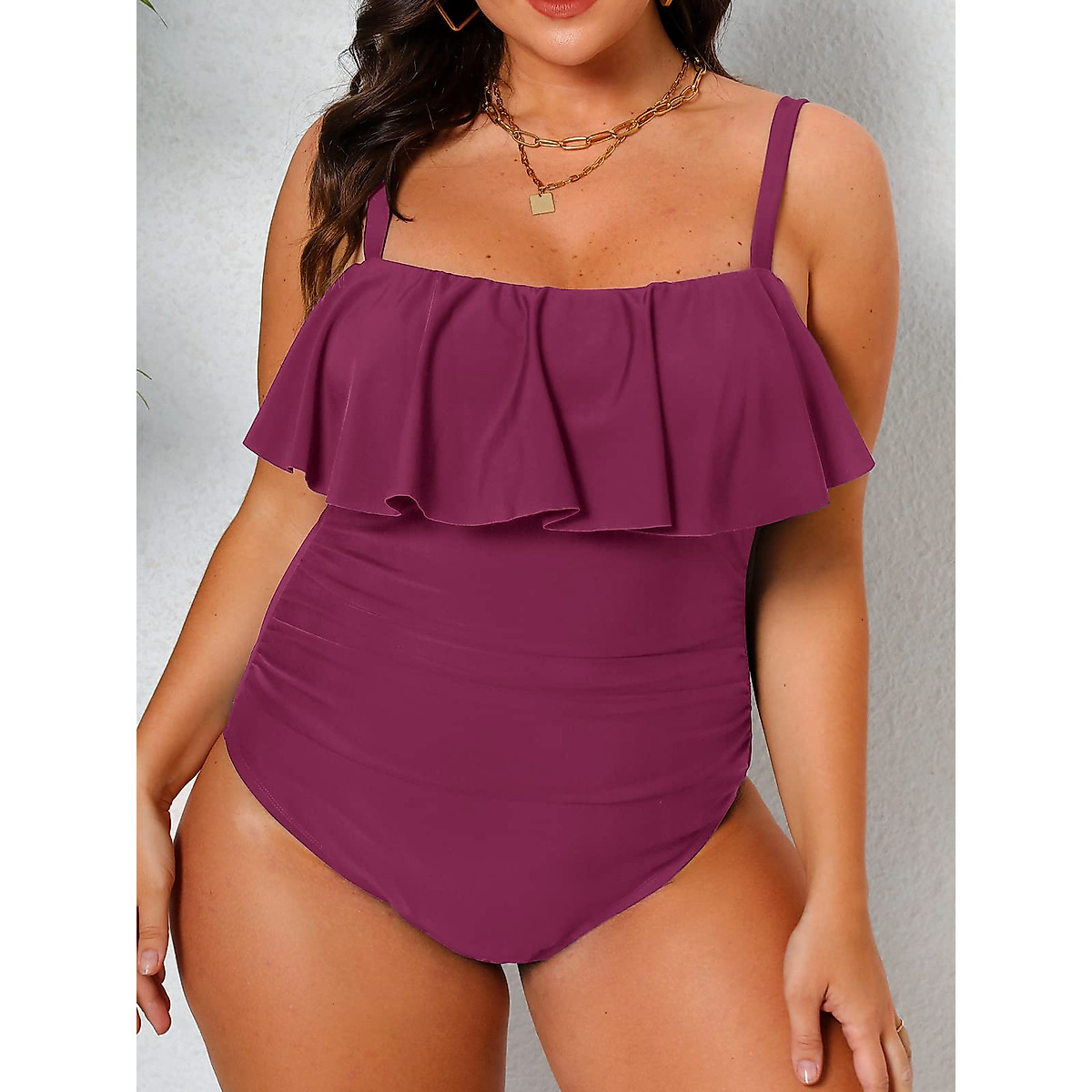 CUPSHE Women Swimsuit Plus Size One Piece Bathing Suit Flowy Ruffle Trim Ruched Front Tummy Control 1X, Purple