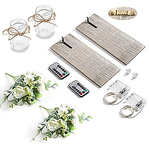 Wall Decor Mason Jar Sconces - Home Decor Wall Art Hanging Design with Remote Control LED Fairy Lights and White Rose, Farmhouse Wall Decorations for Bedroom Living Room Lights Set of Two