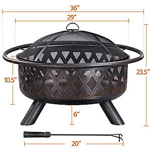 Yaheetech Fire Pit 36in Outdoor Wood Burning Fire Pits Wood Large Fire Bowl for Outside BBQ Bonfire Patio with Mesh Spark Screen, Poker and Rain Cover