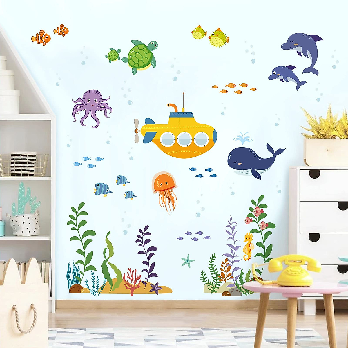 wondever Under The Sea Submarine Wall Stickers Tropical Fish Seaweed Dolphin Peel and Stick Wall Art Decals for Baby Nursery Kids Bedroom Bathroom