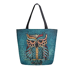 ALAZA Owl Print Boho Ethnic Large Canvas Tote Bag Shopping Shoulder Handbag with Small Zippered Pocket
