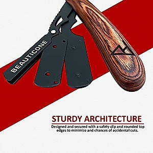 BEAUTICONE Straight Razor for Men, Professional Brown Wooden Razor with Black Blade Barber Razor with 100 Single Edge Blades, Straight Edge Single Blade Razors