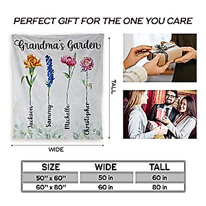 Personalized Grandkids Names Fleece Sherpa Throw Blankets Grandma's Garden Blanket Custom Birth Month Flowers Blanket Birthday Gifts for Grandma Nana Mimi Gigi Grandmother
