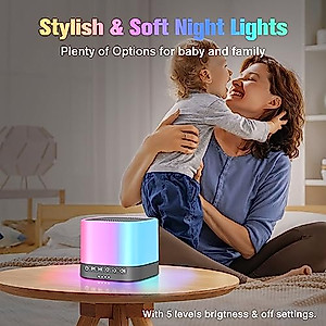 Buffbee Sound Machine with Night Light, 20 Soothing Sleep Sounds, Customizable Glow Lights with 10 Colors, Battery or AC Adapter Powered, Non-Looping White Noise for Kids, Adults and Baby