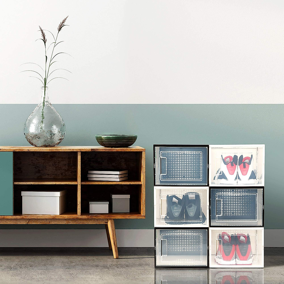 Shoepreem BLACK LARGE 6 pack - 14.6 Inches Long for BIG Shoes & Sneakers, Shoe Storage Organizer, Shoe Storage Boxes, Shoe Box Clear Plastic Stackable, Shoe Containers, Shoe Organizer for Closet