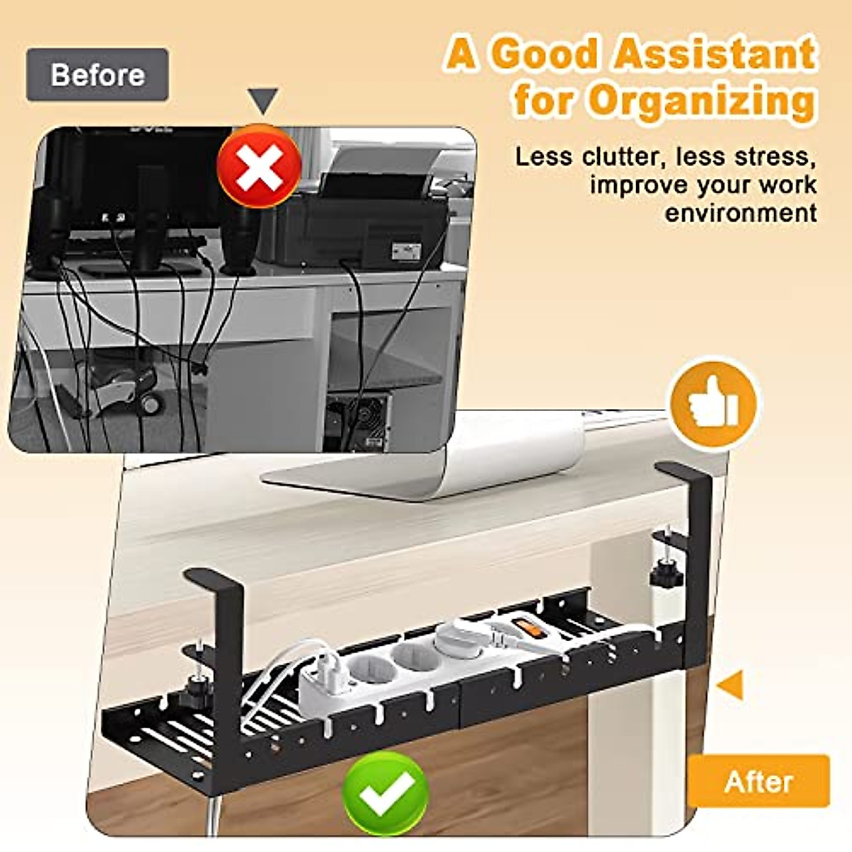 Under Desk Cable Management Tray, Adjustable Cord Organizer for Desk, Sturdy Wire Management Under Desk, Cable Organizer for Office and Home Standing Desk Retractable Design No Drills,Black