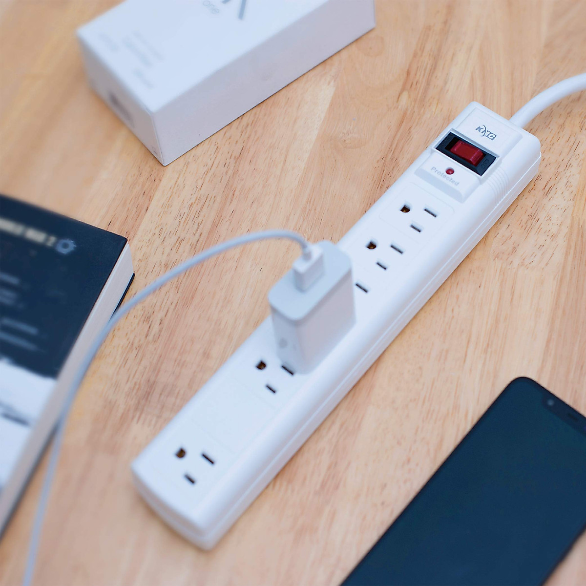 KMC 6-Outlet Surge Protector Power Strip, 2-Pack, 1200 Joules, 6ft Cord, Adapter Spaced Outlet, Overload Protection, White