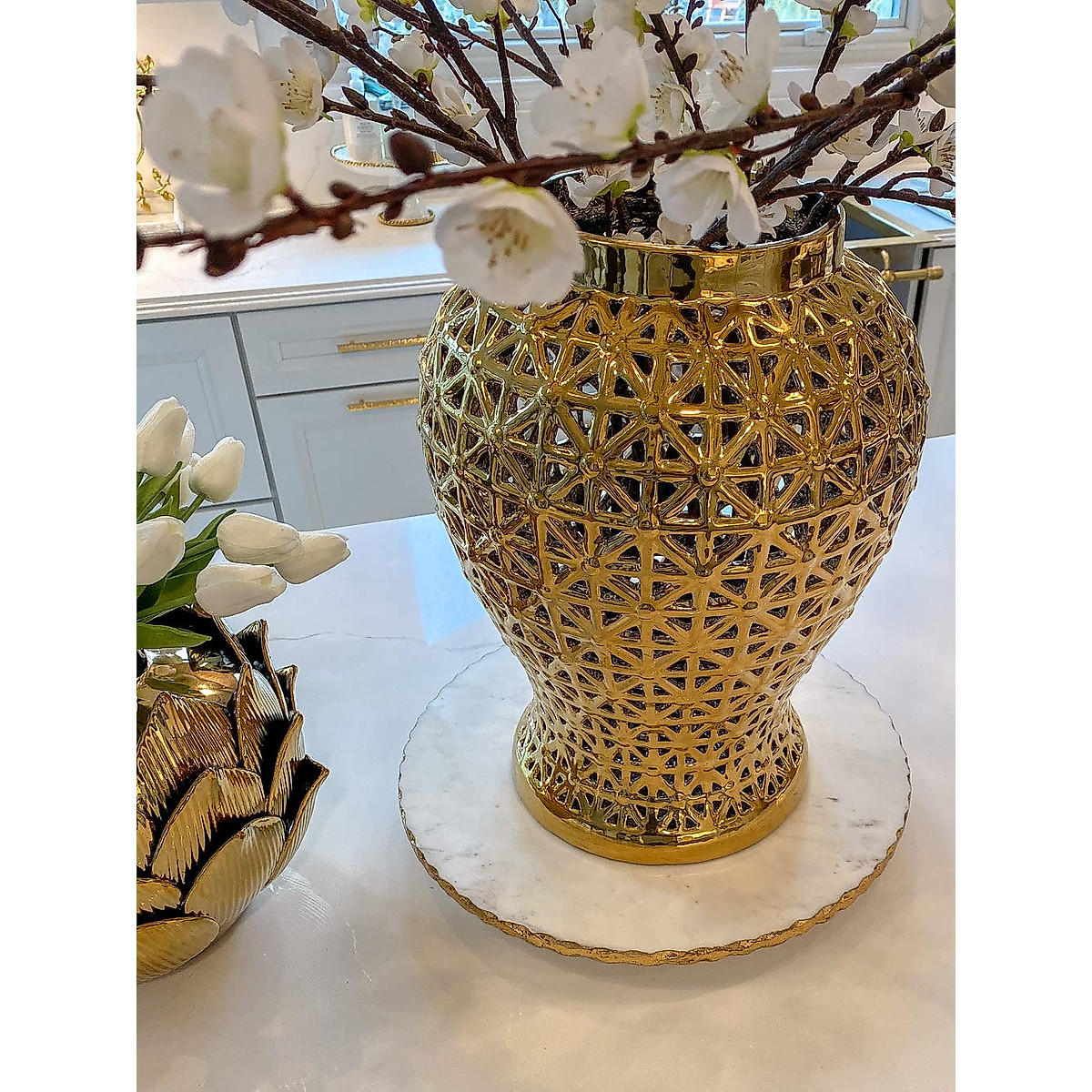 GMRS Home White Marble Board for Meats Breads Charcuterie Round Cutting Serving Board with Gold Foiling - 12 Inch