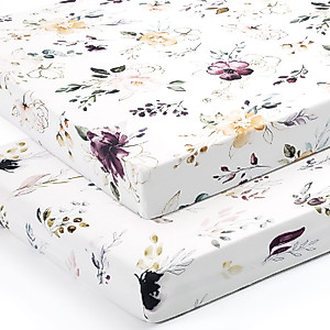 GRSSDER Stretchy Ultra Soft Jersey Knit Fitted Pack n Play Sheets Set 2 Pack,Fits Portable Playard/Mini Cribs Mattress Snug and Safe,Watercolor Purple Flora for Baby