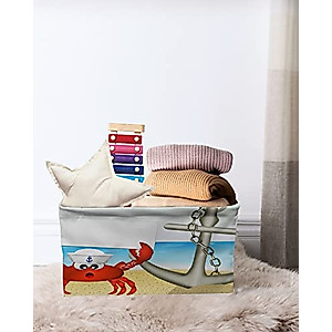 Storage Bins, Ocean Beach Crab Nautical Anchor Storage Baskets for Organizing Closet Shelves Clothes Decorative Fabric Baskets Large Storage Cubes with Handles