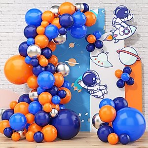 Blue and Orange Balloons Garland Arch Kit, Navy Blue Balloon Arch Kit, Blue Orange Silver Latex Balloons Party Balloons for Boy Space Party Birthday Baby Shower Graduation Anniversary Decorations