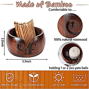 Wood Yarn Storage Bowl, Yarn Bowl for Crocheting with 12 Pieces Bamboo Crochet Hooks, 3.2”x 5.3”, Wooden Yarn Ball Holder for Crocheting Knitting DIY Crafts Tools
