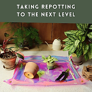 Plant Repotting Mat for Indoor Gardening, Iridescent Holographic Roll Out Potting Tarp Tray | Gifts for Plant Lovers Women 23.5” x 16.5” (Pink)