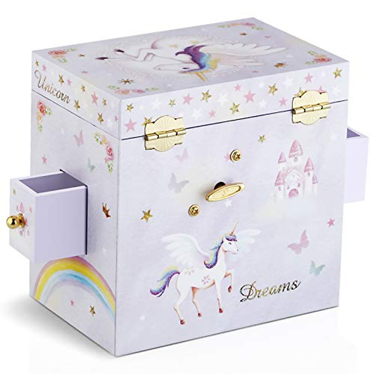 Musical Jewelry Box for Little Girls with 3 Drawers and Jewelry Set with Spinning Unicorn and Rainbow Butterfly Design - Beautiful Dream Tune Purple