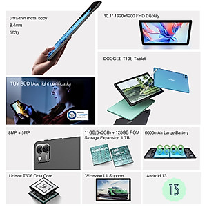 DOOGEE Android 13 Tablet T10S 10 incht Tablet IPS FHD Screen, 11GB RAM + 128GB ROM (Expand 1TB), TUV Low bluelight, 6600mAh Battery, 8MP+5MP Camera, Widevine L1 Tablet Android
