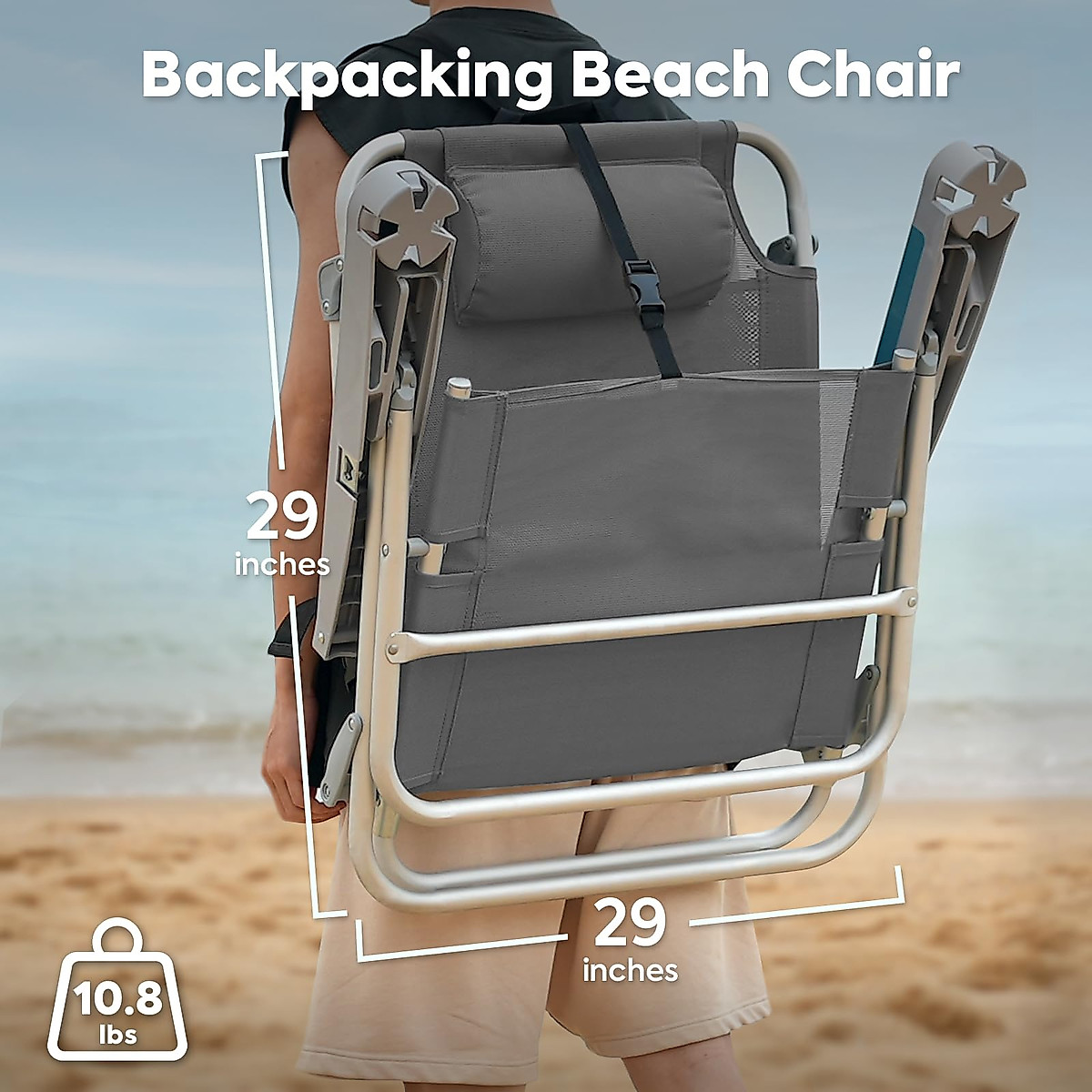 ICECO Backpacking Beach Chairs for Adults, 5 Positions Reclining Beach Chair, Heavy Duty Folding Beach Chairs, Portable Lay Flat Outdoor Chair with Cup Holder for Beach, Camping, Lawn, 350lb Capacity