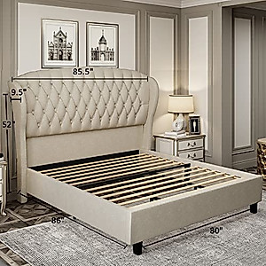 PaPaJet King Size Platform Bed Frame, Linen Curved Upholstered Bed with Shell Wingback Headboard/Deep Button Tufted/No Box Spring Needed/Beige