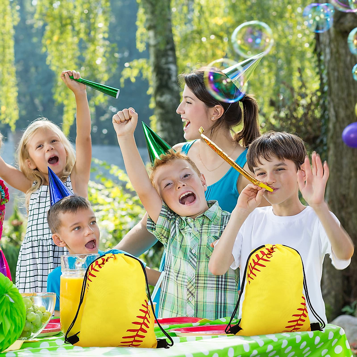 12 Pieces Small Softball Soccer Basketball Volleyball Candy Drawstring Bag Softball Soccer Basketball Volleyball Drawstring Goodie Favor Bags(Softball Style,10 x 12 Inch)