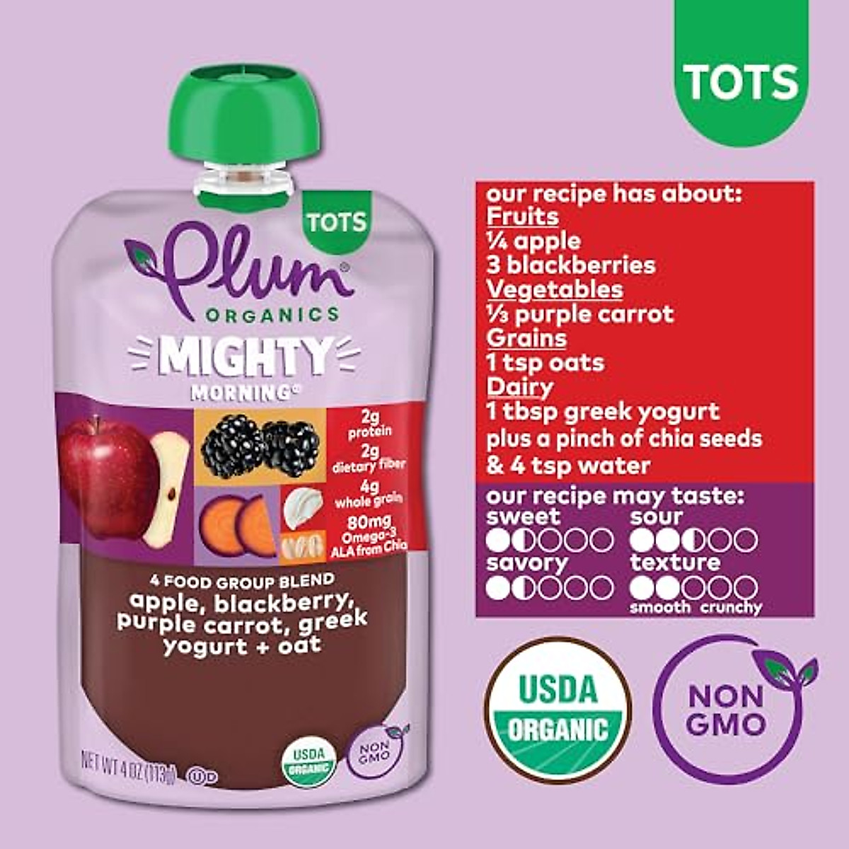 Plum Organics Mighty Food Group Blend, Organic Baby Food Meals [12+ Months], Quinoa, Blackberry, Purple Carrot, Greek Yogurt & Oat, Kosher, USDA Certified Organic, Non-GMO, 4 Ounce Pouch (Pack Of 6)
