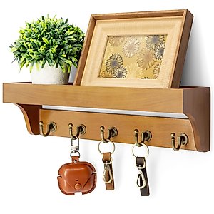 Rebee Vision Decorative Key Holder for Wall with Shelf: Farmhouse Mail Rack with 5 Sturdy Key Hooks for Home Decor, Apartment, Entryway and Hallway (Light Brown)