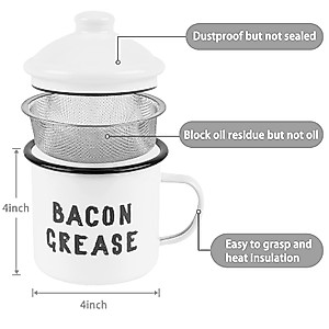 HOOMUU Bacon Grease Container with Fine Strainer - Farmhouse Style White Enamel Can for Kitchen Counter Storage Decor - Durable & Easy to Clean Cooking Oil Keeper 4 X 4 Inch