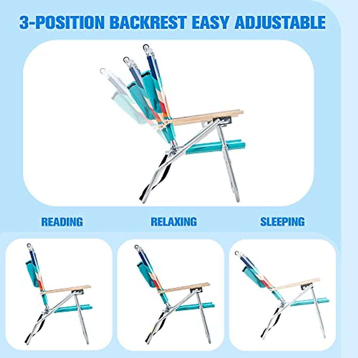 GREEN PARTY Beach Chair 2 Pack Aluminum Lightweight Folding Reclining Beach Chair with 3 Positions, Cooler Bag, and Wooden Armrest for Outdoor Camping Lawn, Support 250LBS, Blue