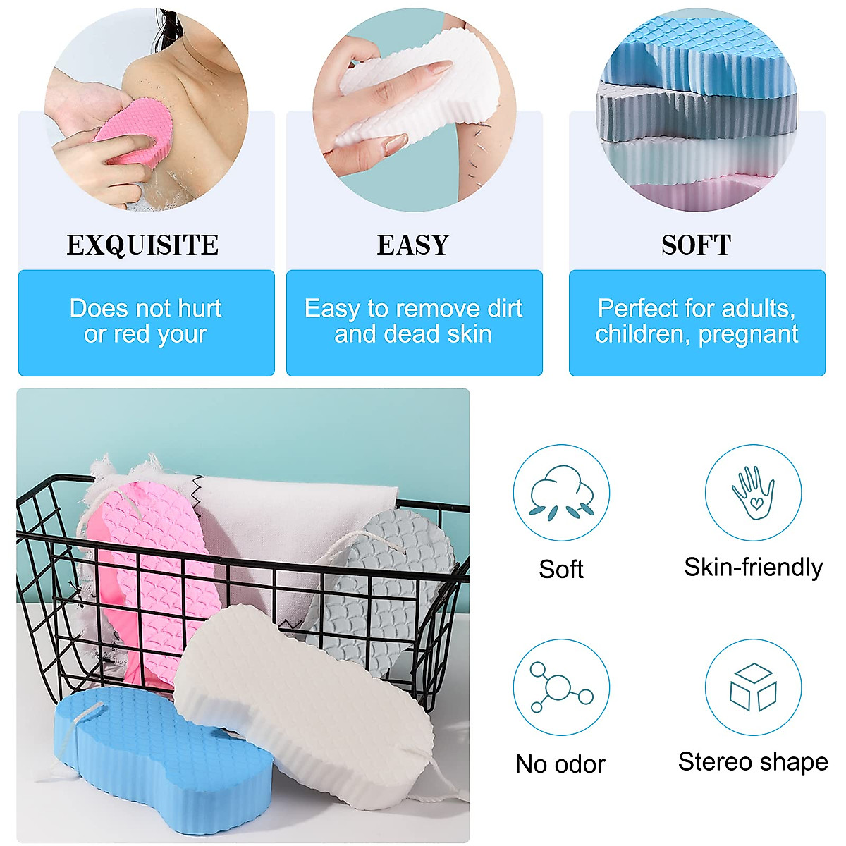 2022 New Super Soft Exfoliating Bath Sponge, 4PCS Ultra Soft Bath Body Shower Sponge, Reusable Spa Scrub Exfoliator Dead Skin Remove, 3D Body Sponge for Adults Children and Pregnant Women