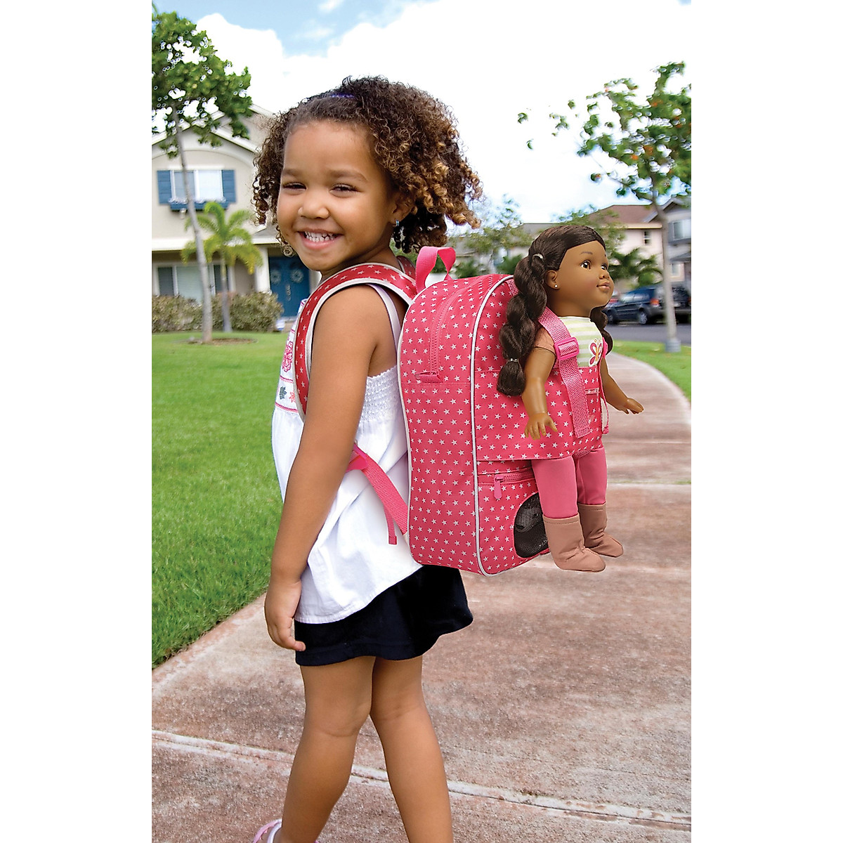 Badger Basket Delightful Doll Travel Backpack with Plush Friend Compartment – Perfect for 18-Inch Dolls with Stylish Pink Star Design