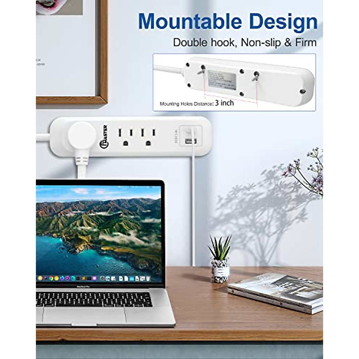 USB Power Strip Surge Protector Long Extension Cord 6 feet, 3 Outlets, 2 USB Ports (2.4A/12W), Overload Protection, Mountable Power Strip for Home Office, 1250W/10A, SGS Listed, White