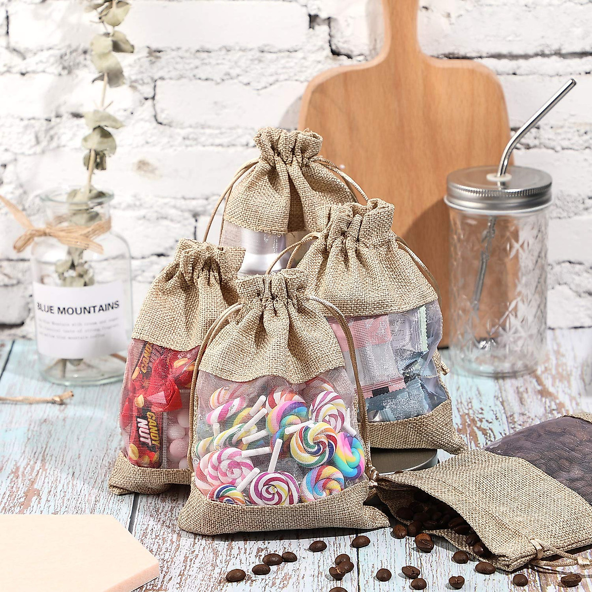 Shappy 50 Pieces 5 x 7 Inch Burlap Bags Linen Organza Burlap Bags with Drawstring Gift Bags for Wedding Party Favors (Grey)