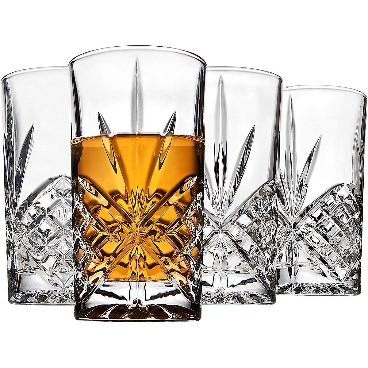 Elegant Crystal Pitcher Drinkware Set with 4 Crystal highball Tumblers, Beautiful Jug with handle and Spout for Chilled Beverage Homemade Juice, Iced Tea or Water