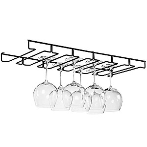 MyGift Modern Black Metal Under-Cabinet Wine Glass Holder | Stemware Storage Organizer Rack | Holds 12 Stemmed Glasses