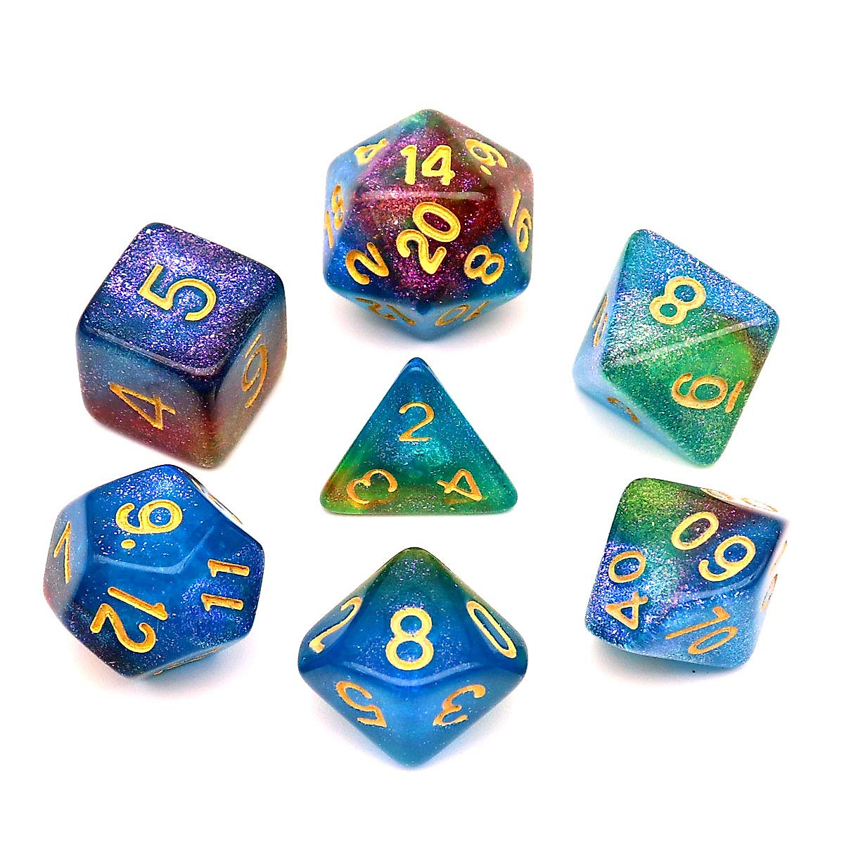 Haxtec Iridescent Glitter DND Dice Blue Green Purple Color Changing Polyhedral D&D Dice for RPGs-Mermaid