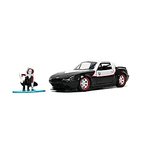 Jada 1990 Mazda Miata Black and White with Graphics and Ghost Spider Diecast Figure Spider-Man Marvel Series 1/32 Diecast Model Car