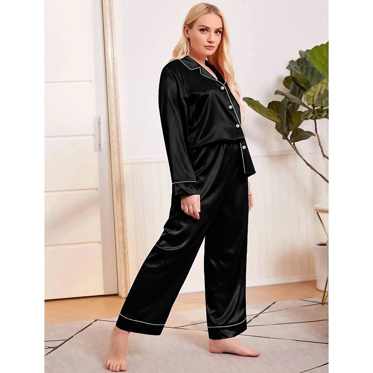 SWOMOG Plus Size Pajamas Long Sleeve Pajama Set Silk Pj Set Button Down Sleepwear Bridesmaid Pjs Satin Pajama Set 18W Black