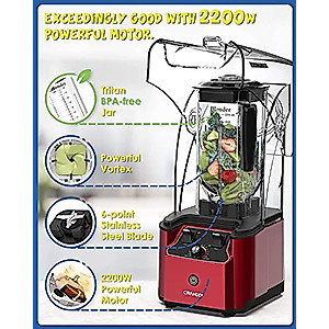CRANDDI Quiet Commercial Blender with Soundproof Shield, 2200 Watt Professional Blenders for Kitchen with 80oz Pitcher and Self-Cleaning, High-Speed Blenders K90 Red