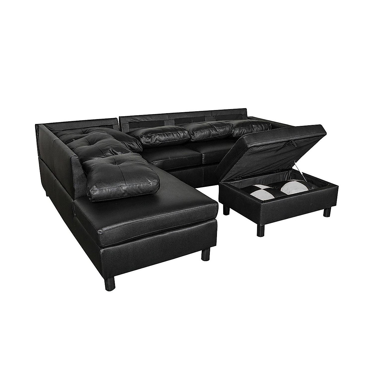 OPTOUGH Sectional Sofa-3 Piece L-Shape Living Room Furniture Faux Leather Couch w/Left Chaise Lounge,Storage Ottoman and Pillows Black
