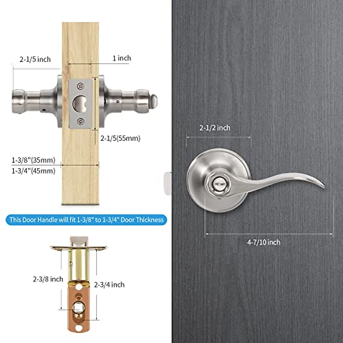 Contractor Pack of 4, Brushed Nickel Door Knobs Levers Privacy Interior Door Handles Bedroom Bathroom(Locked Inside with Turn-Thumb), ANSI Grade 3 for Office/Home Use