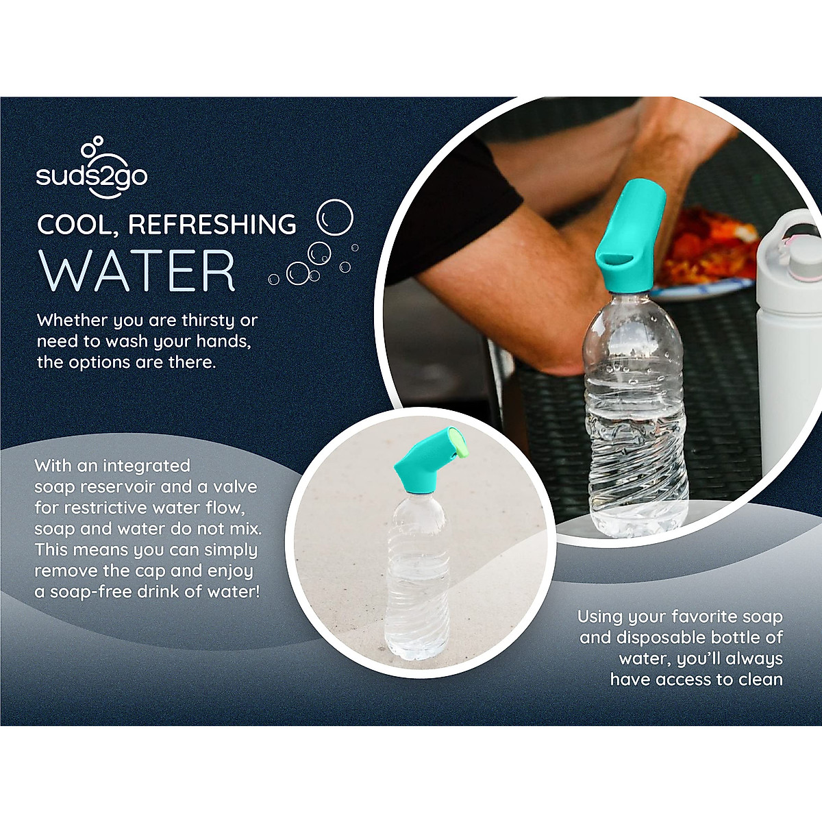 Suds2Go Refillable Caps, 2 Pack - Universal Fit Turns Most Disposable Water Bottles Into A Hand Washing Station - Includes Refillable Soap Reservoir - Conveniently Sized to Take on The Go - Teal