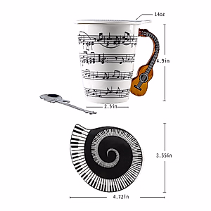 Guitar Novelty Mug Unique Musical Gift Coffee Cup with Cool Music Themed Lid & Guitar Handle Design & Guitar Spoon, Great Gifts for Music Teacher, & Guitar Lovers for Holidays, Fathers Day, Men, Women