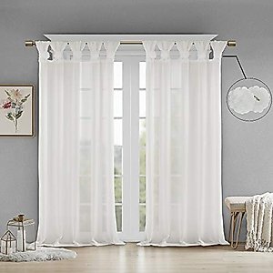 Madison Park Rosette Floral Embellished Cuff Tab Top Solid Window Treatments Single Curtain Panel Drape for Bedroom Living Room and Dorm, 50"x84", White