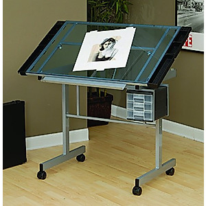 Studio Designs Vision Craft and Drawing Station - 35.5" W by 23.75" D Silver-Blue Glass Top Drafting Table with Pencil Drawers, Side Trays, & Built-In Pencil Ledge - Angle Adjustable Work Surface